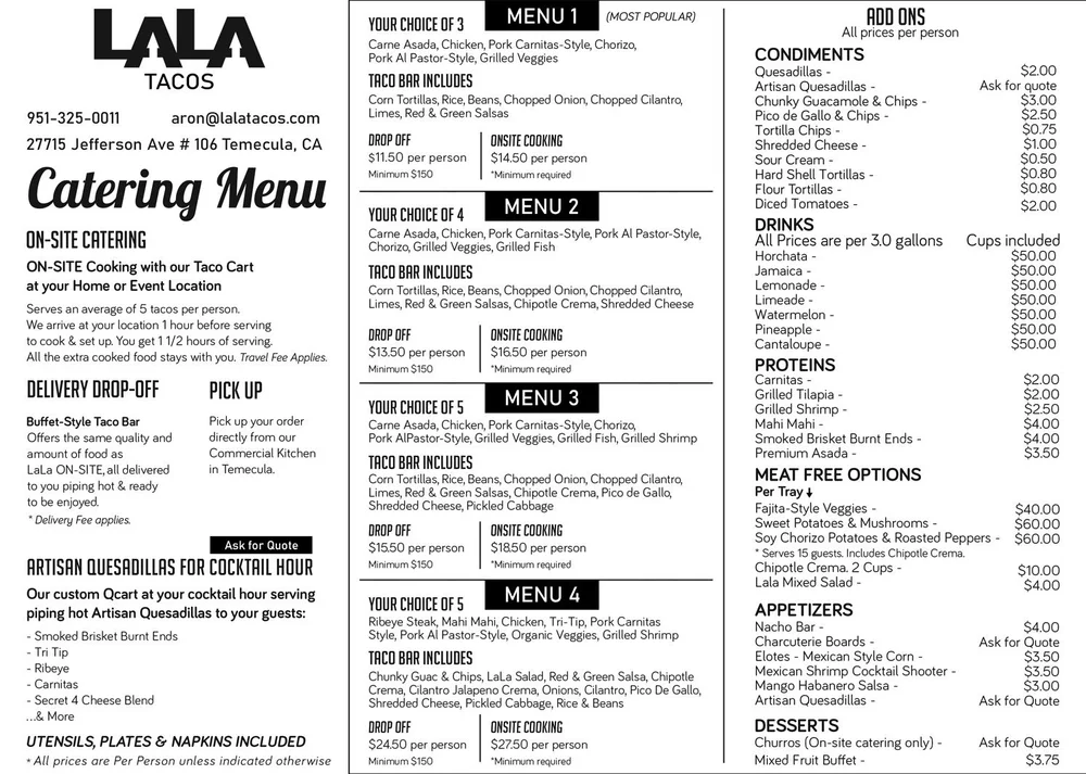 LALA TACOS - Taco Party Menu / Taco Catering Menu