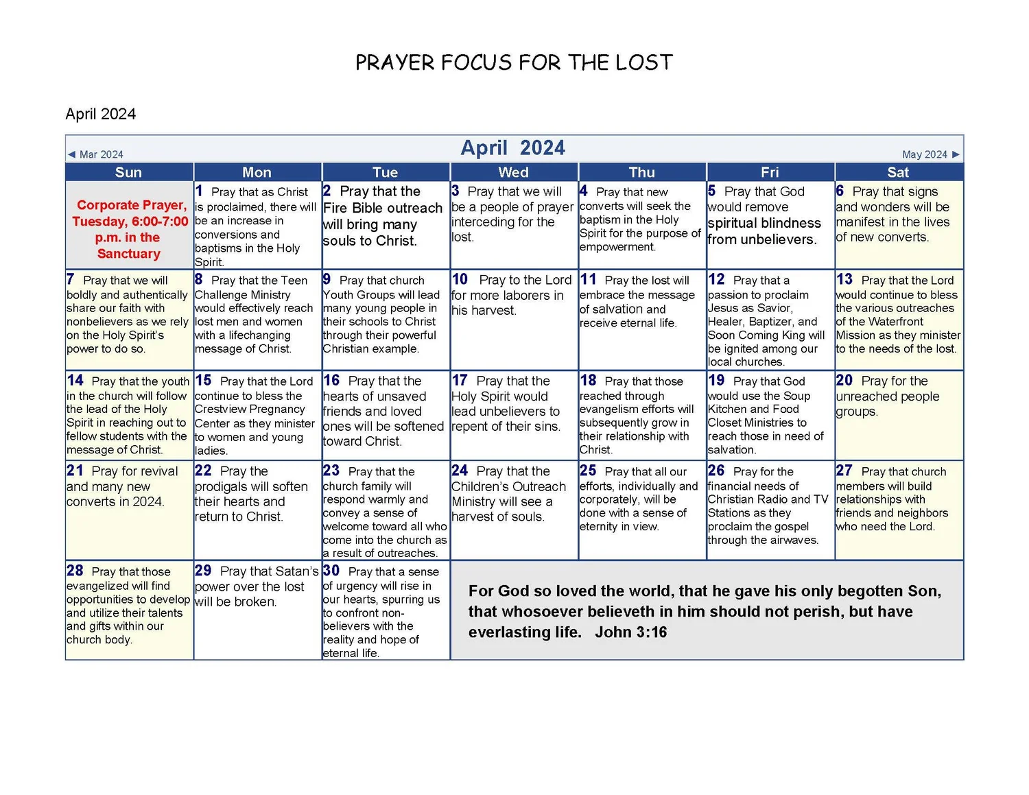 Prayer Calendar — Lifepoint Church