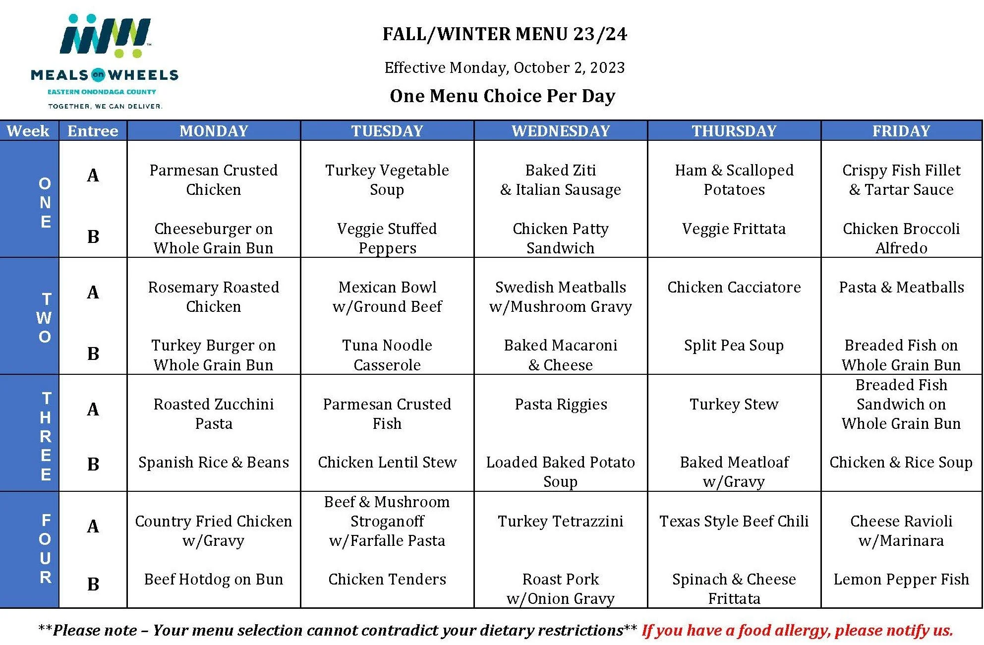 Menu — Meals on Wheels Eastern Onondaga County