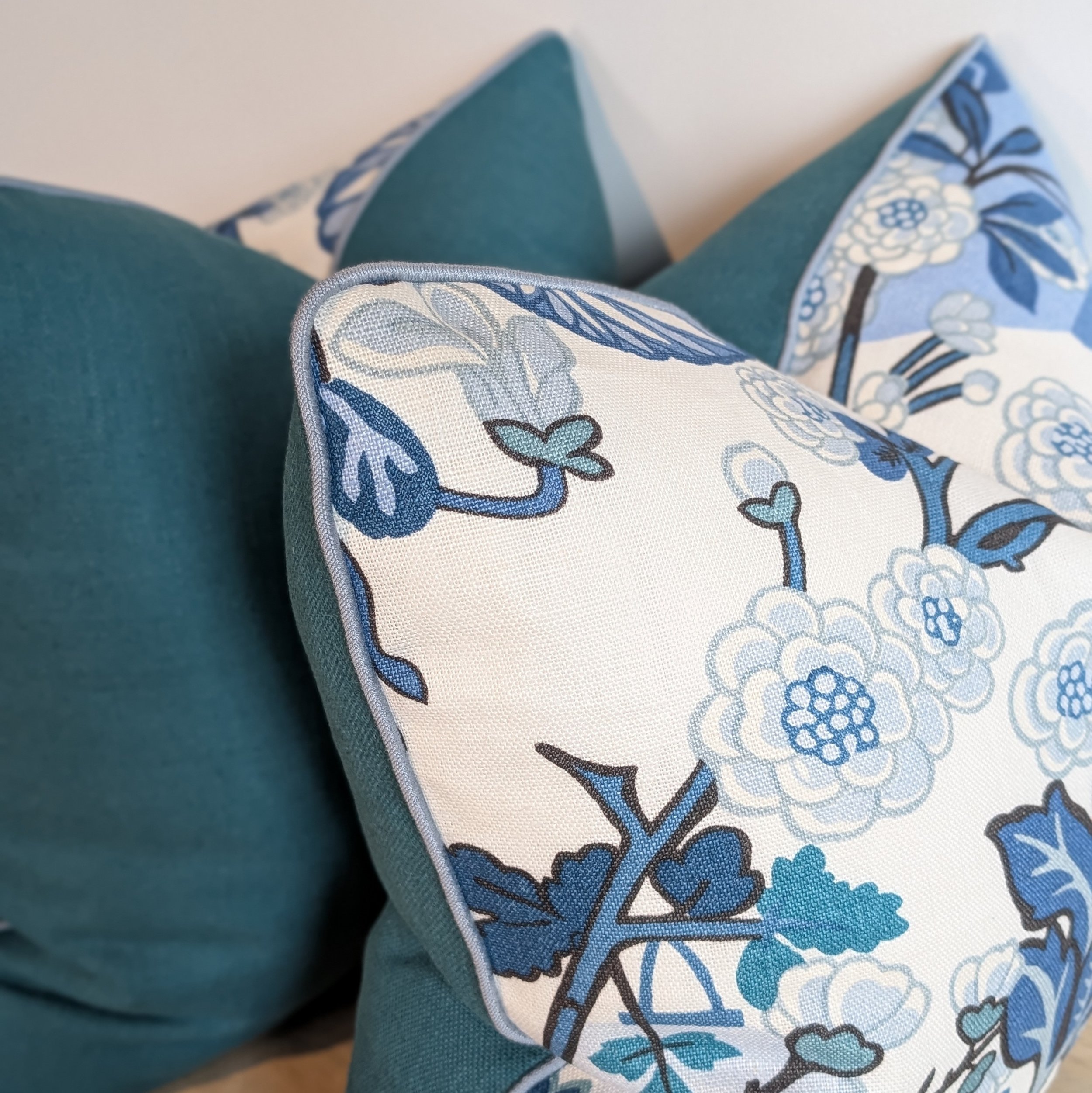 Lee Jofa Graffito Sky Pillows — Styled with Navy
