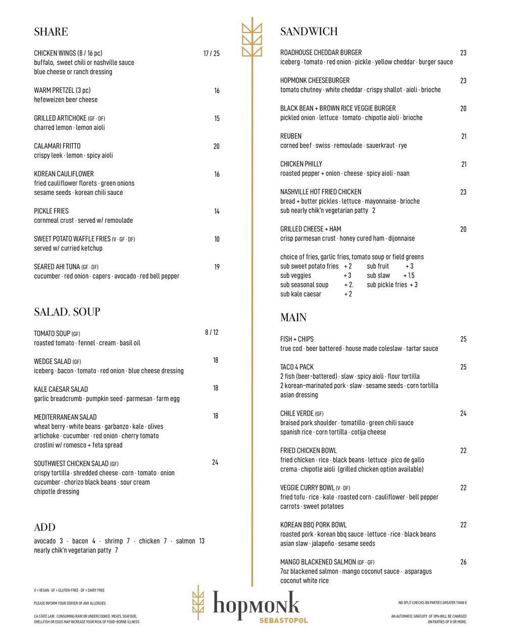 Sebastopol Menu — HopMonk Taverns