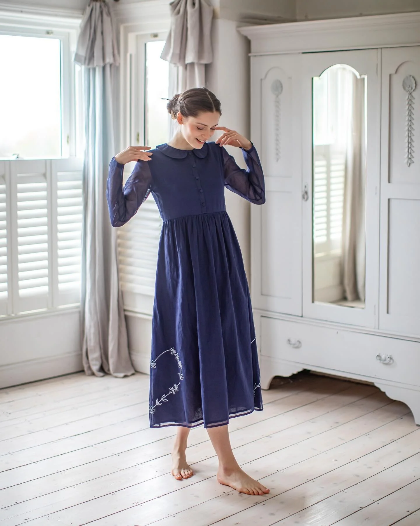Liv dress with Buttercups embroidery, yellow on white — RUTH EATON