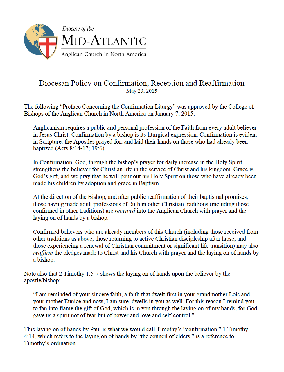 Policy for Confirmation, Reception, and Reaffirmation — Diocese of the ...