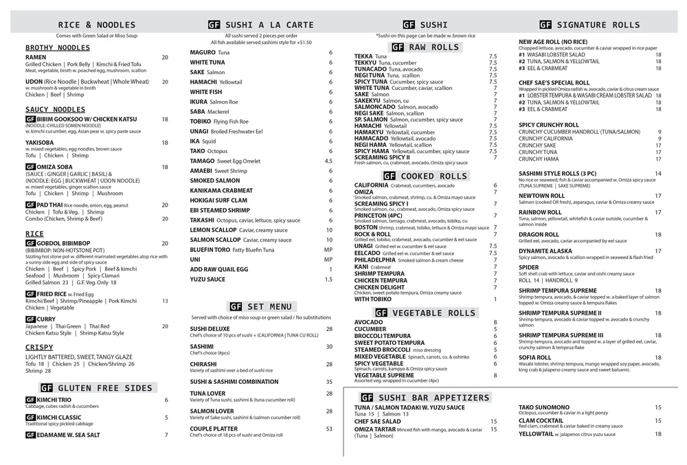 Menu — OMIZA RESTAURANT