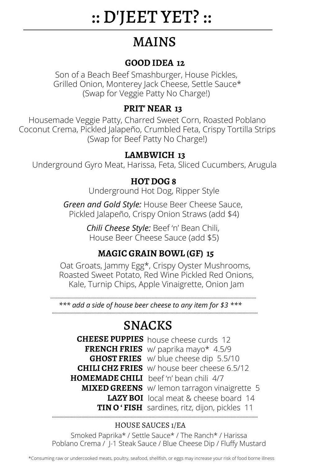 Settle Down Tavern - Menus