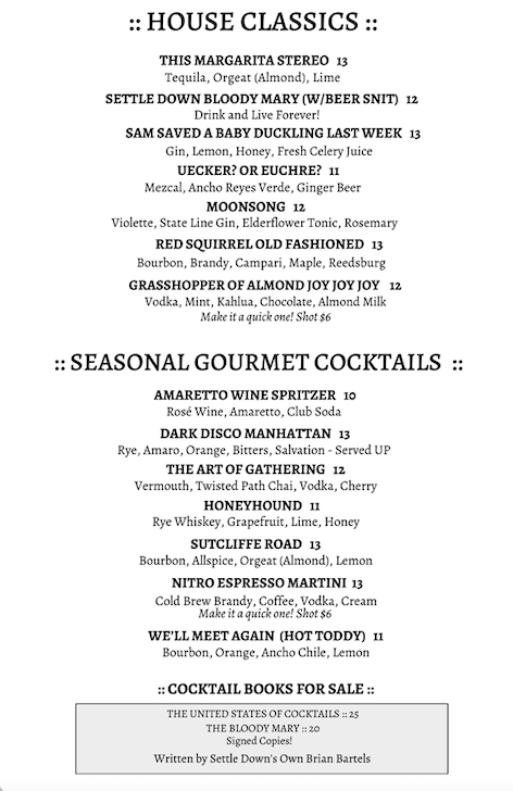 Settle Down Tavern - Menus