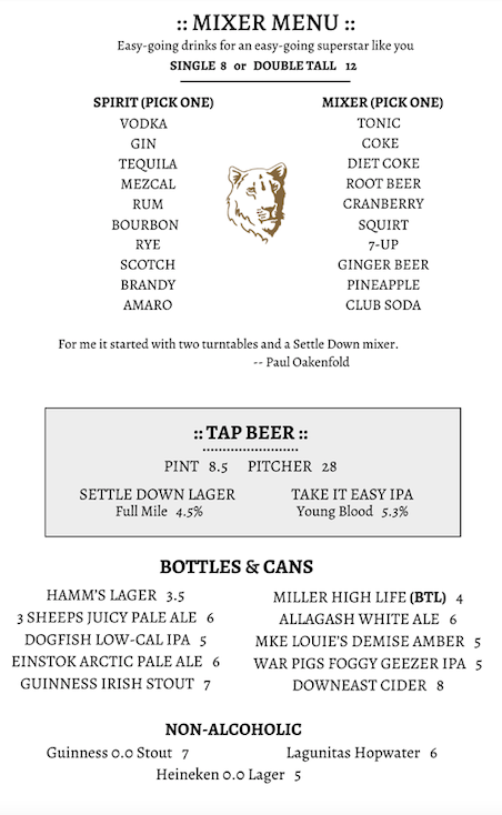 Settle Down Tavern - Menus