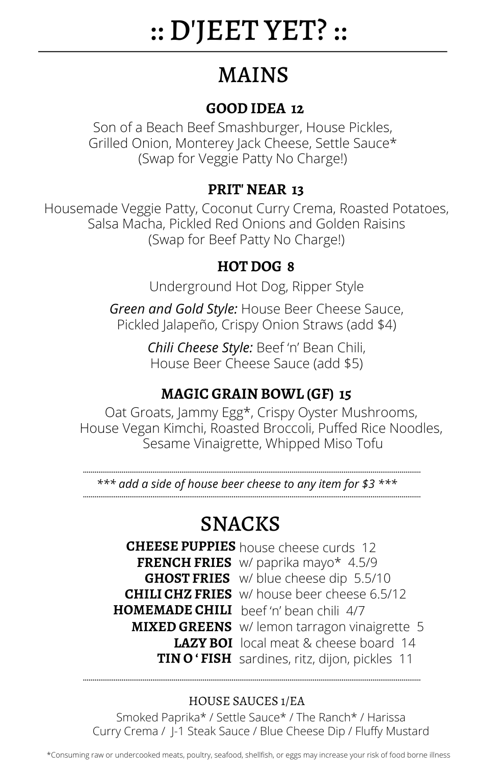 Settle Down Tavern - Menus