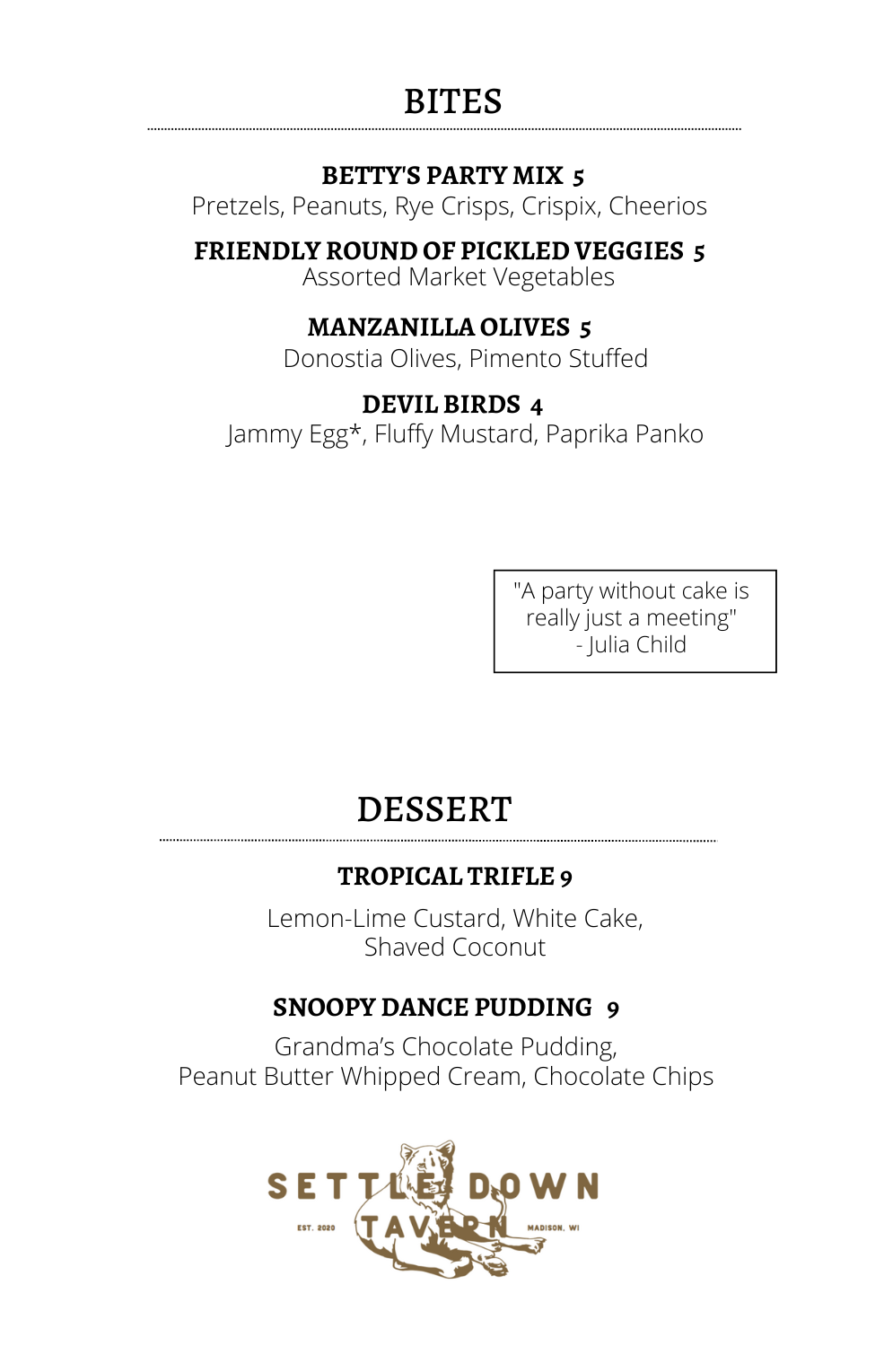 Settle Down Tavern - Menus