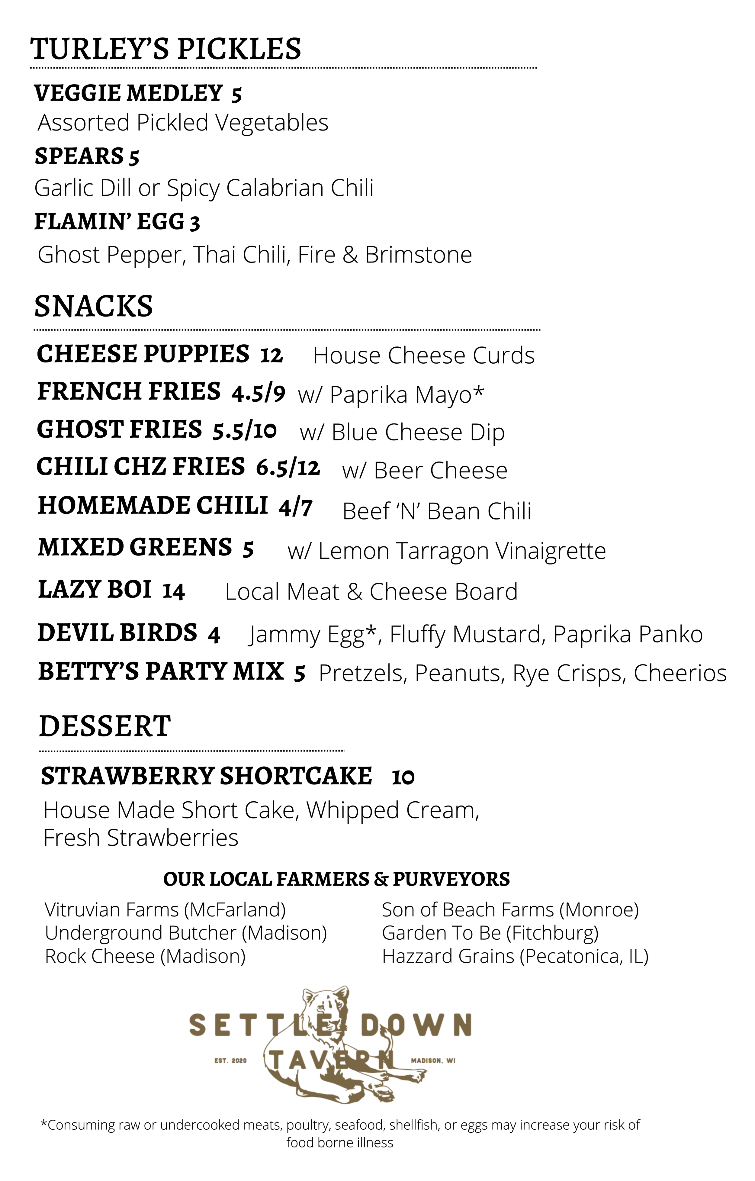 Settle Down Tavern - MENUS