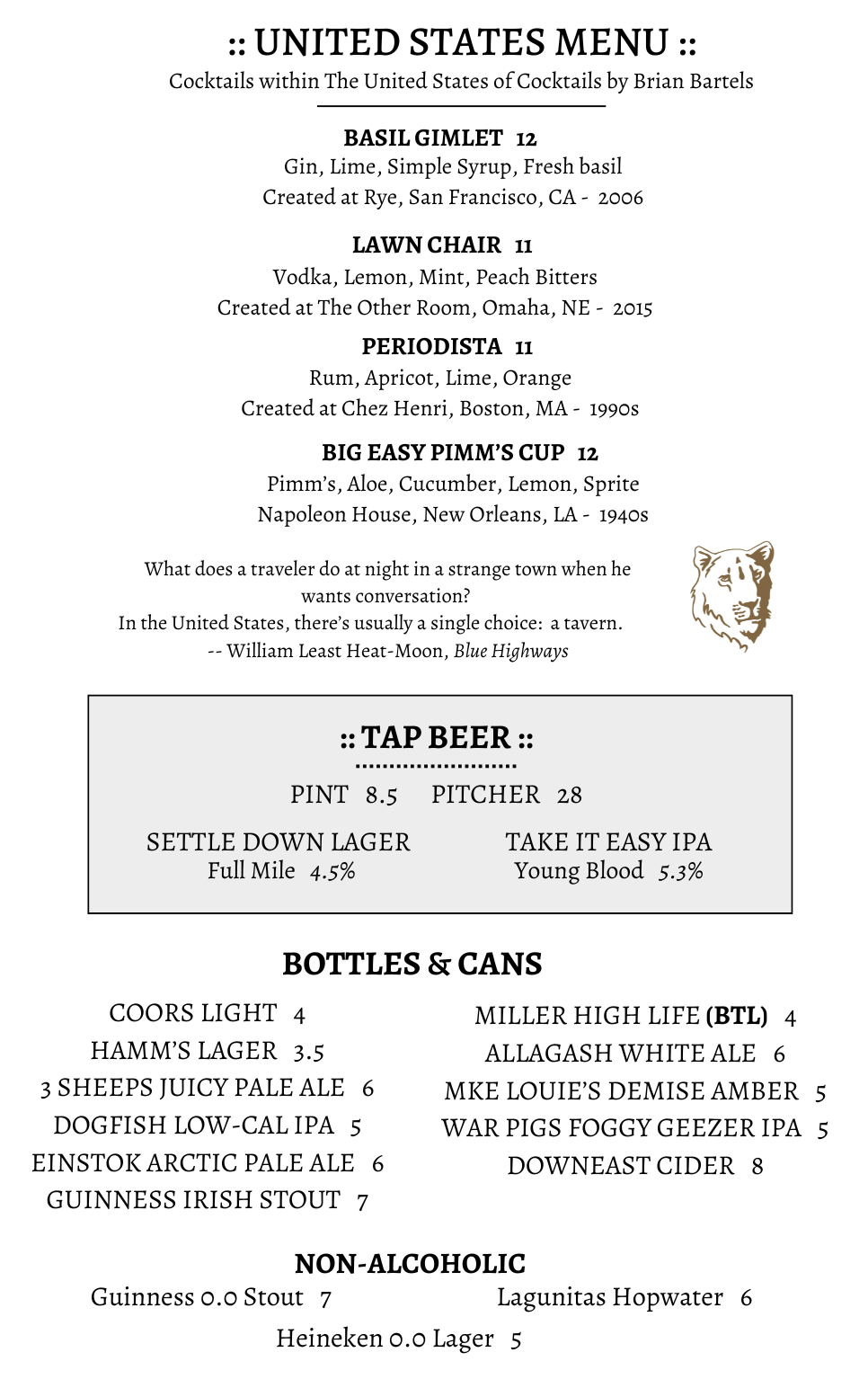 Settle Down Tavern - MENUS