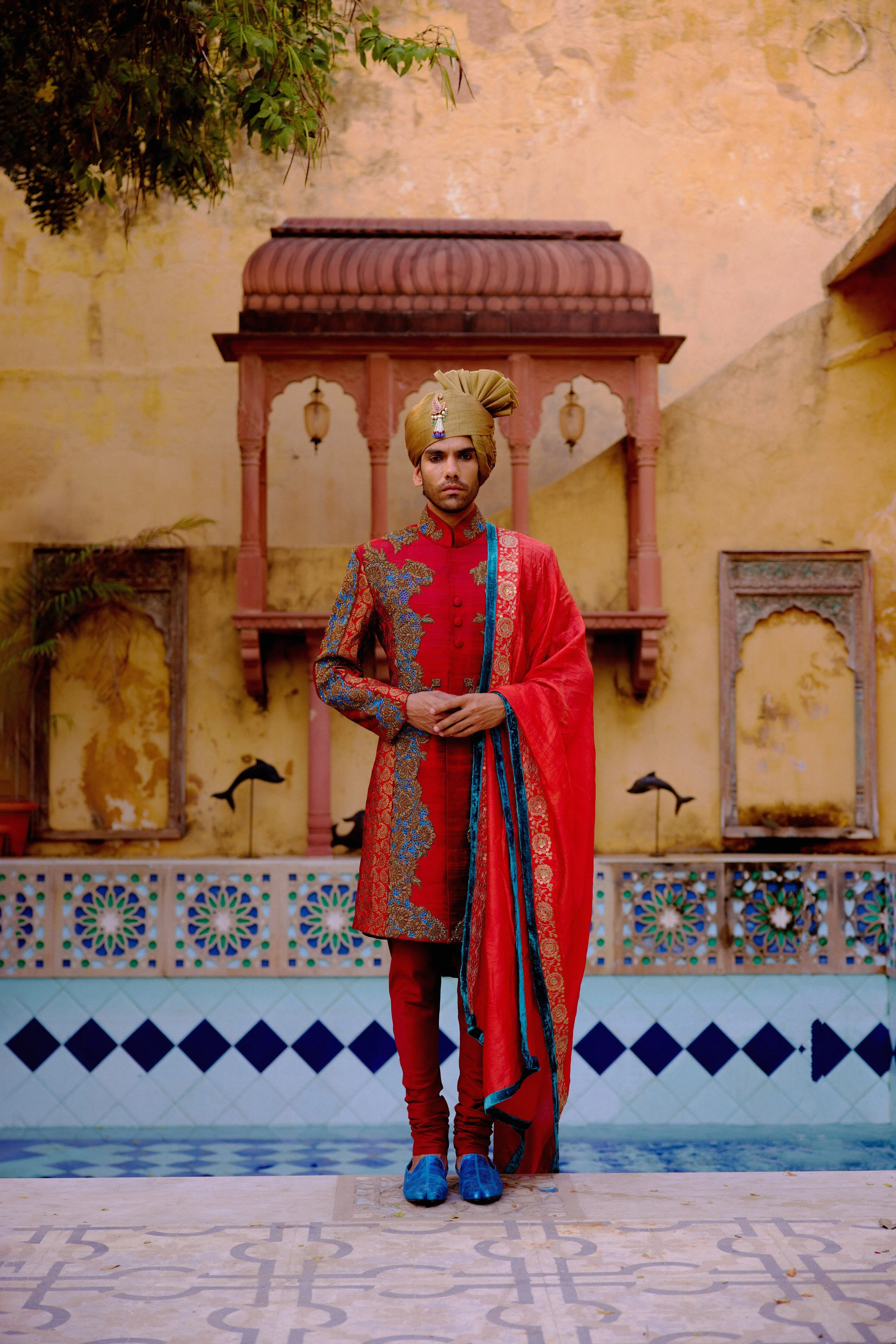 Pashmina Stone base with off white threadwork sherwani featuring hand beadwork and pearls ...