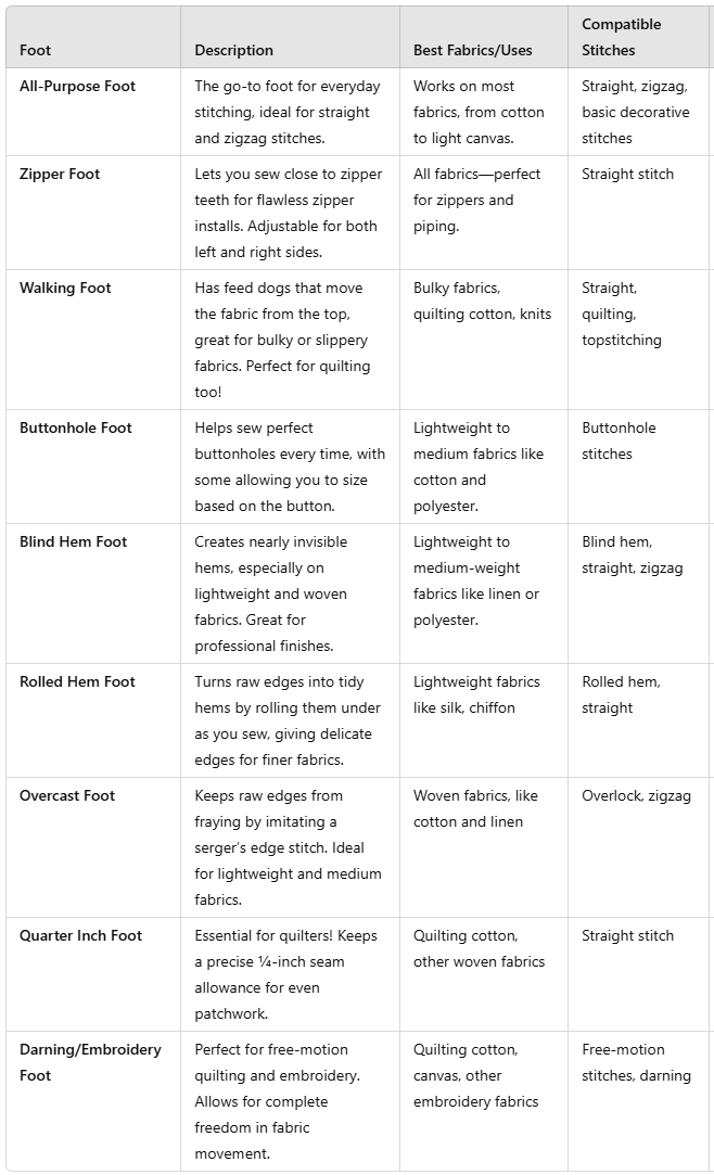 Essential Sewing Machine Feet Guide and Chart 🧵 — Sew Cute Patterns
