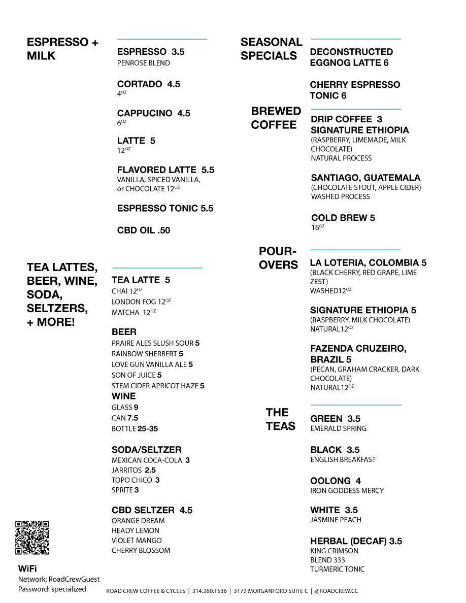 MENU — Road Crew Coffee & Cycles