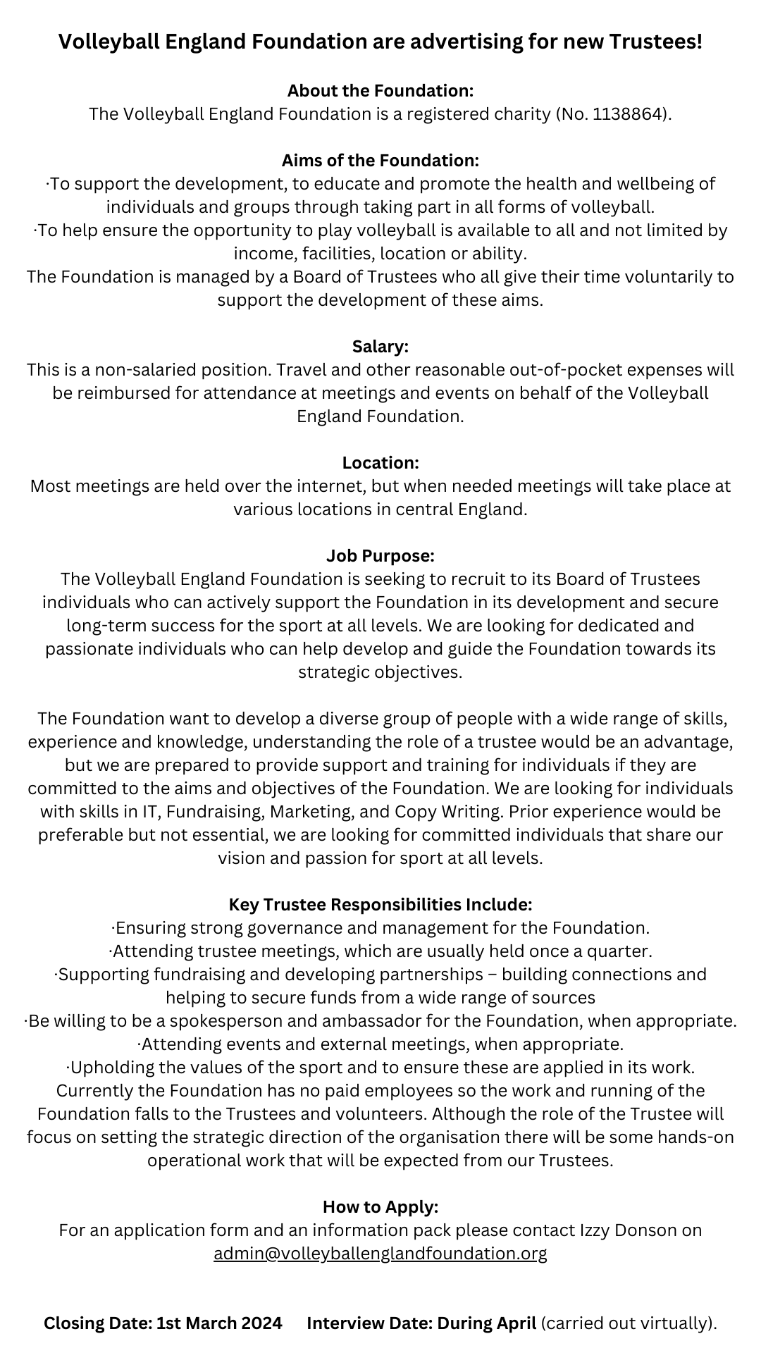 Only 2 Weeks Left to Apply to be a Trustee! — Volleyball England Foundation