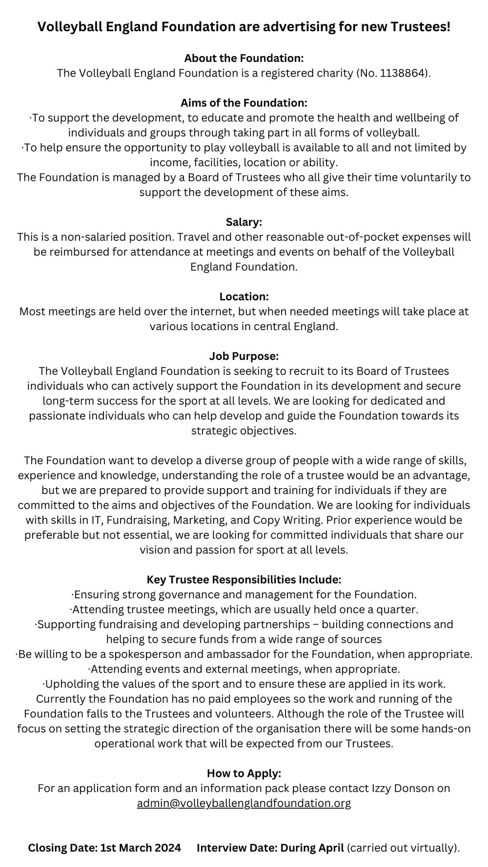 We are Advertising for New Trustees — Volleyball England Foundation