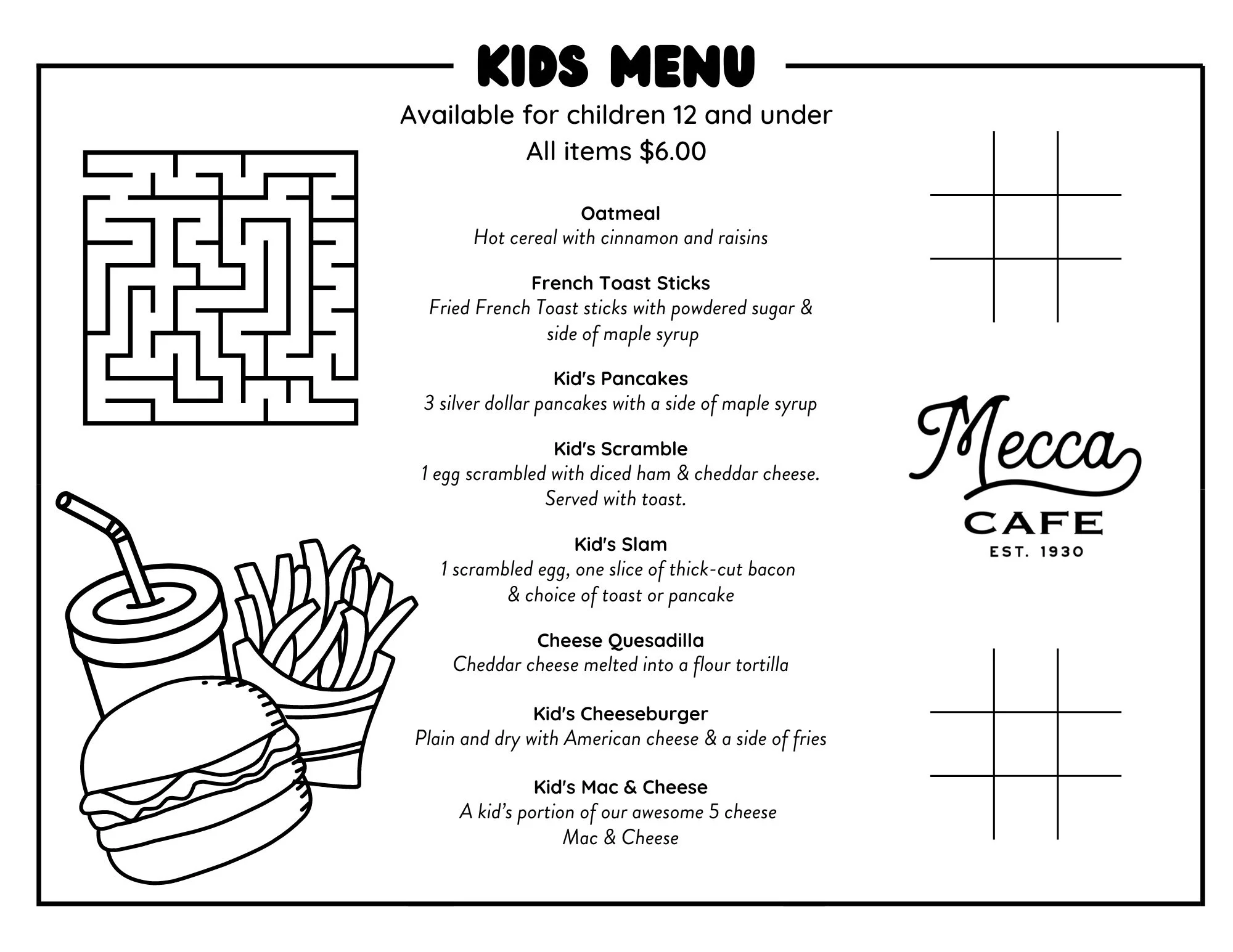 French Cafe Menu For Kids