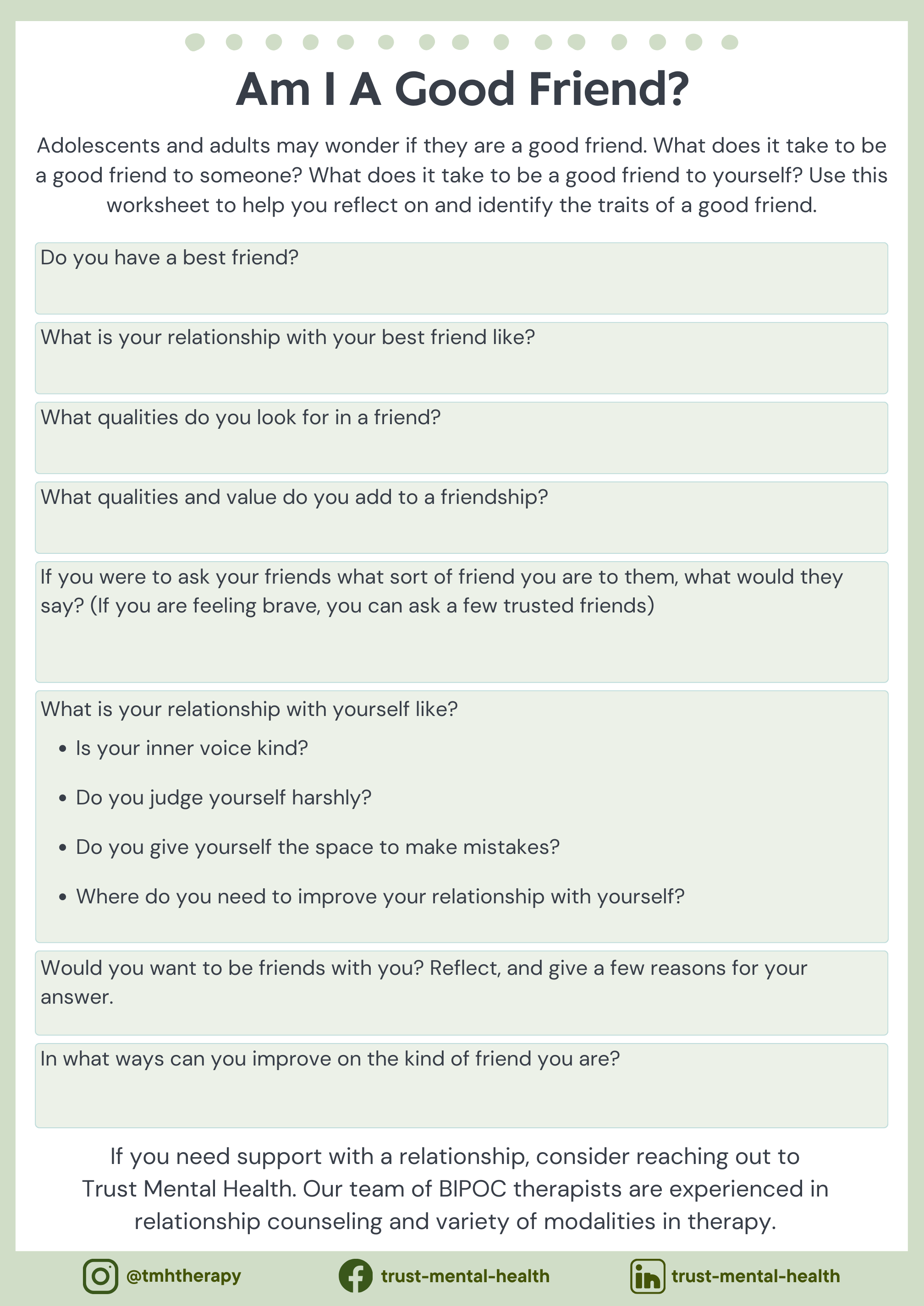 Friendship Worksheets | Trust Mental Health