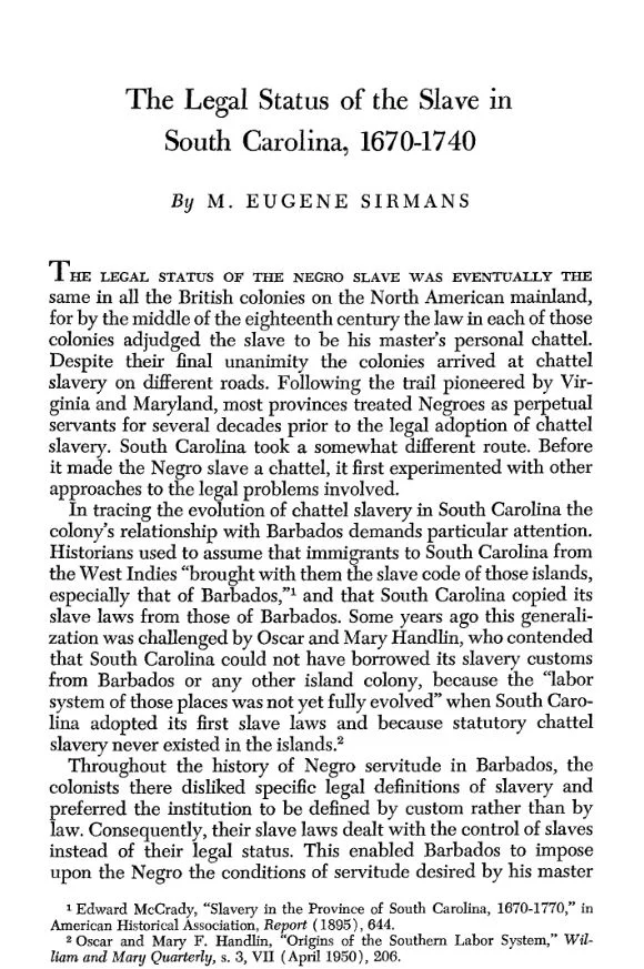 The Legal Status of the Slave in South Carolina, 1670-1740