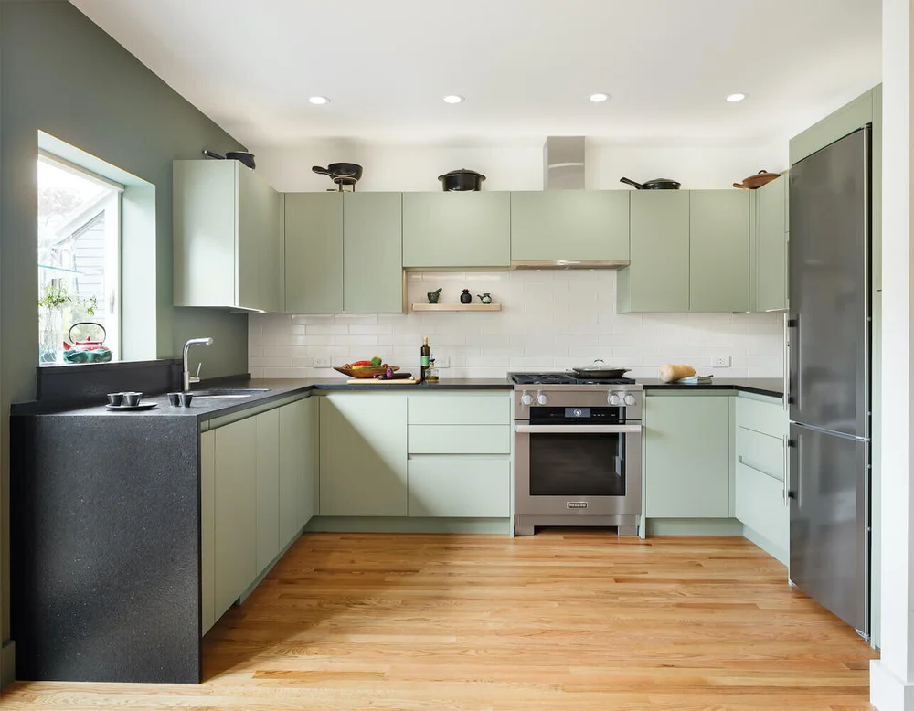 This minimal, hand painted green kitchen might just be perfect for you ...