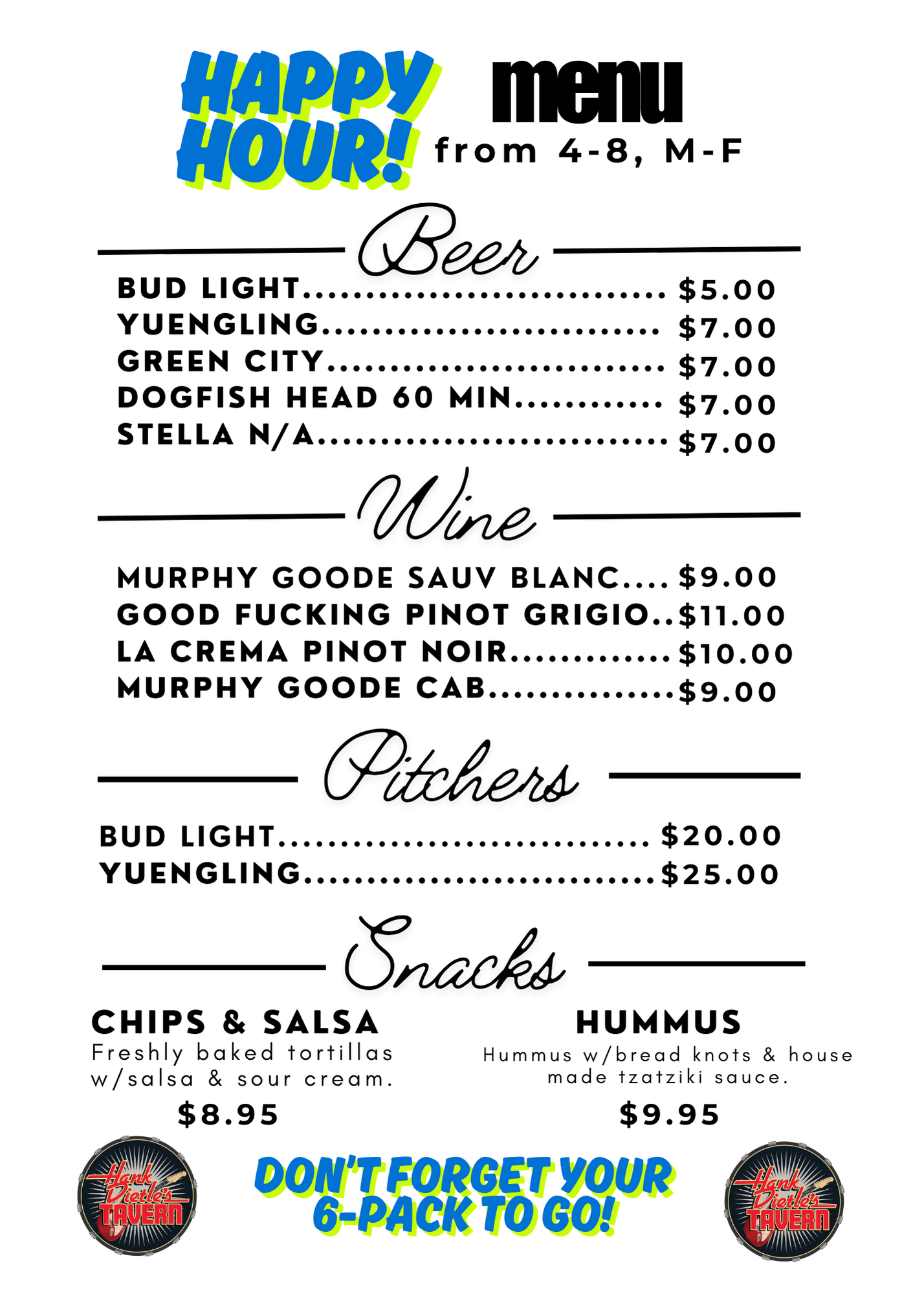 Menus — HANK DIETLE'S TAVERN