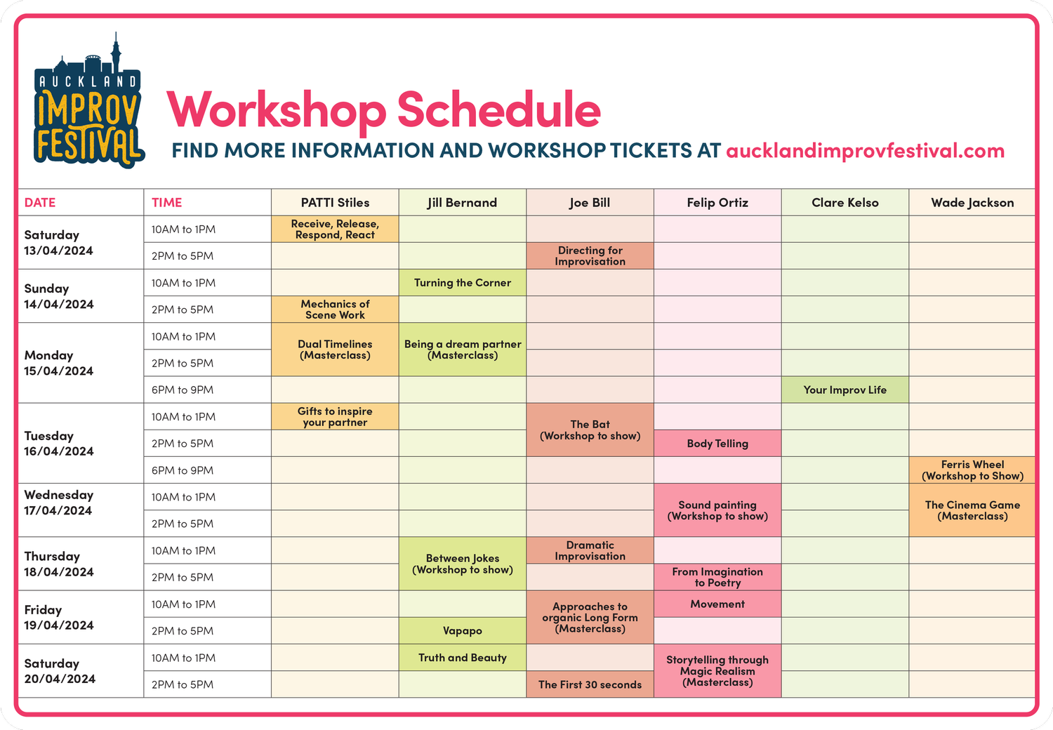 Workshops Schedule — Auckland Improv Festival