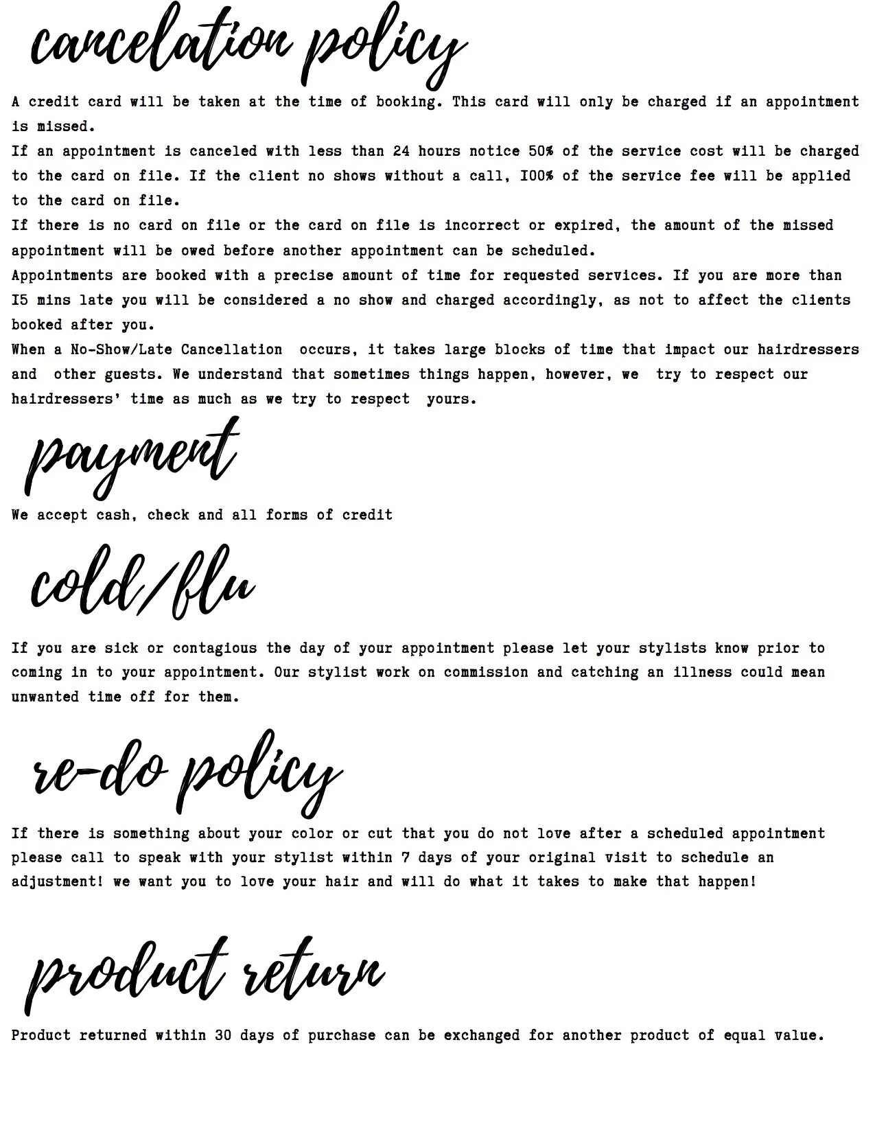 SALON POLICIES Arrow Salon