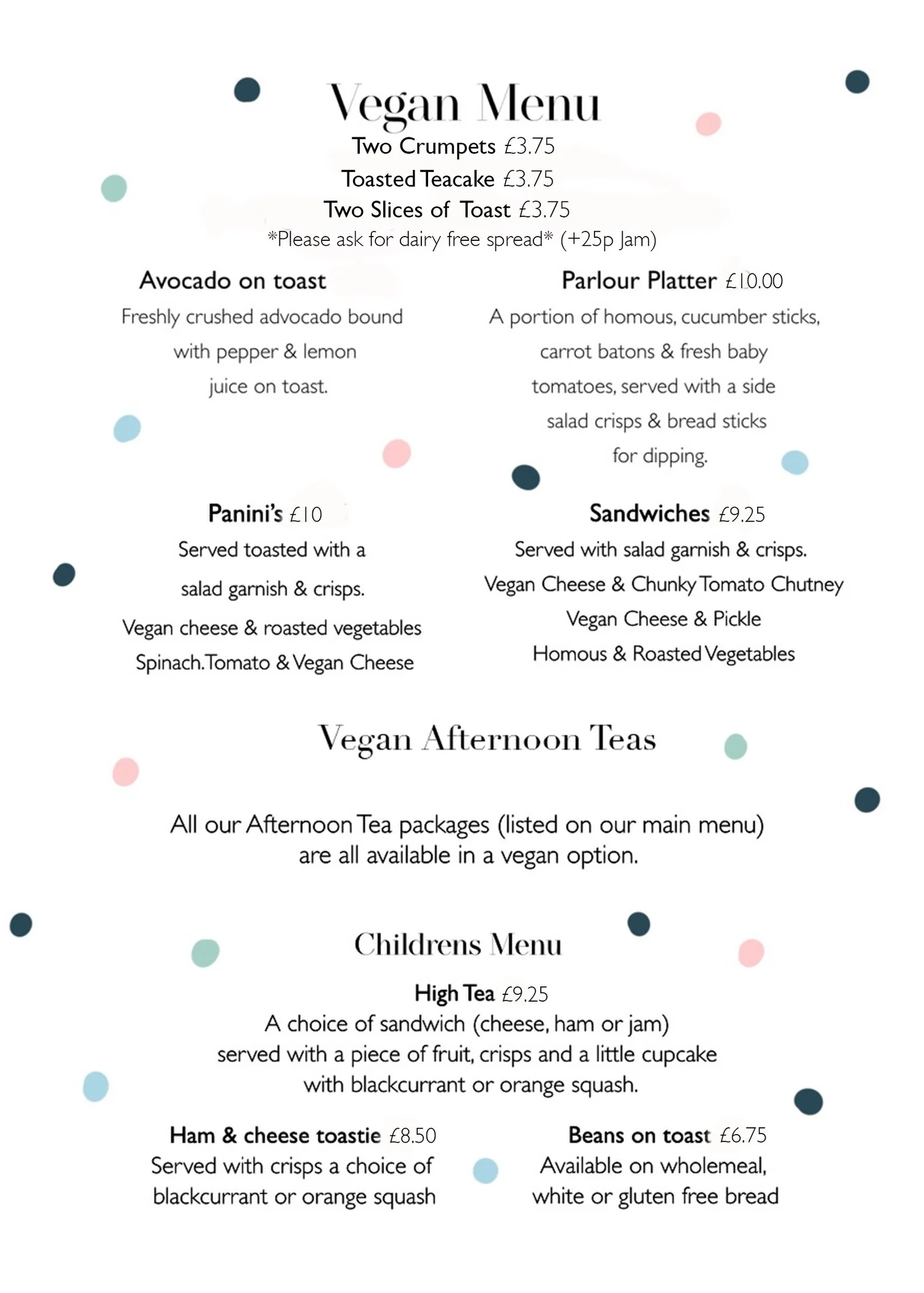 Vegan Menu — The Parlour Tearoom