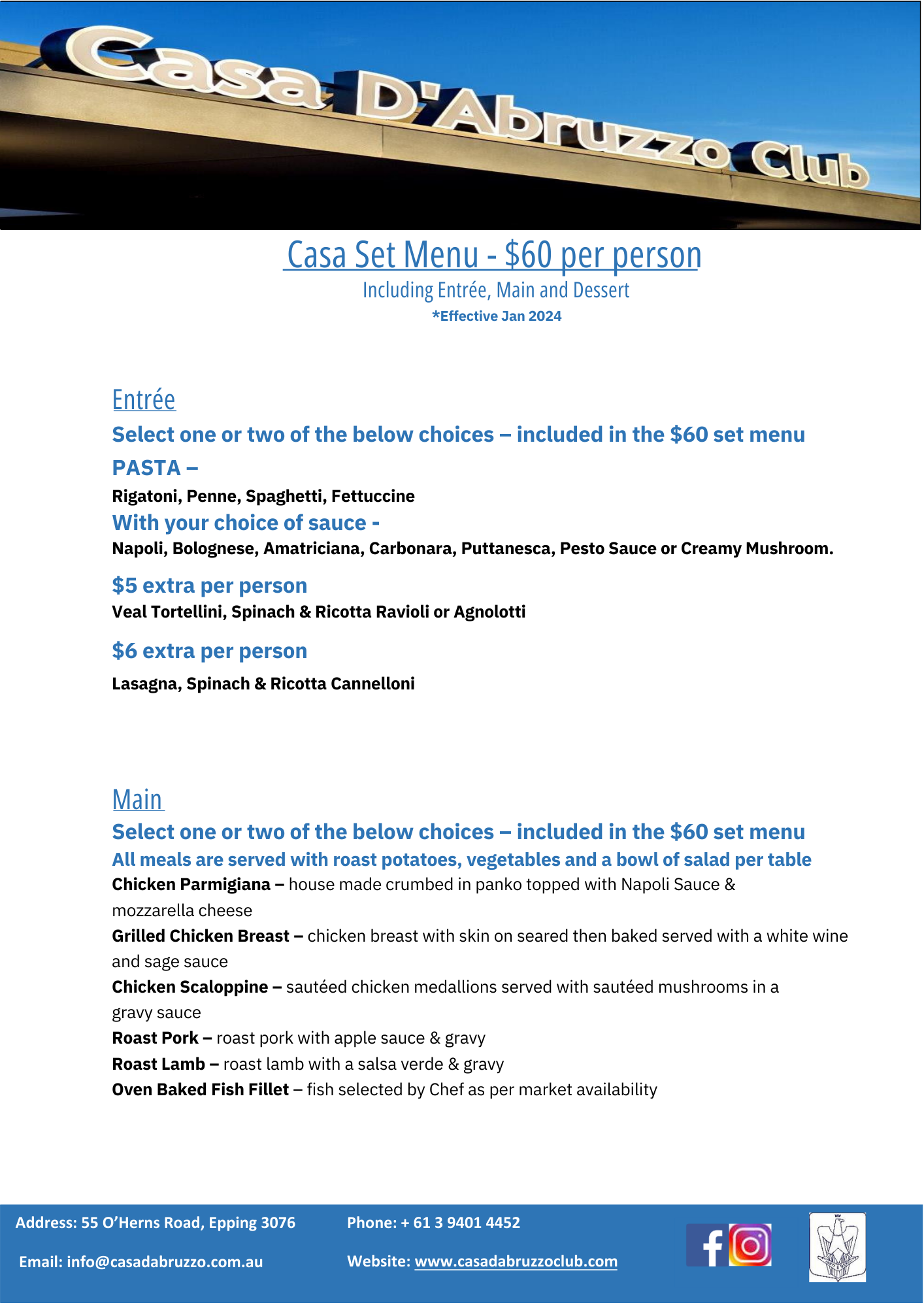 FUNCTION MENU — Casa D'Abruzzo Club