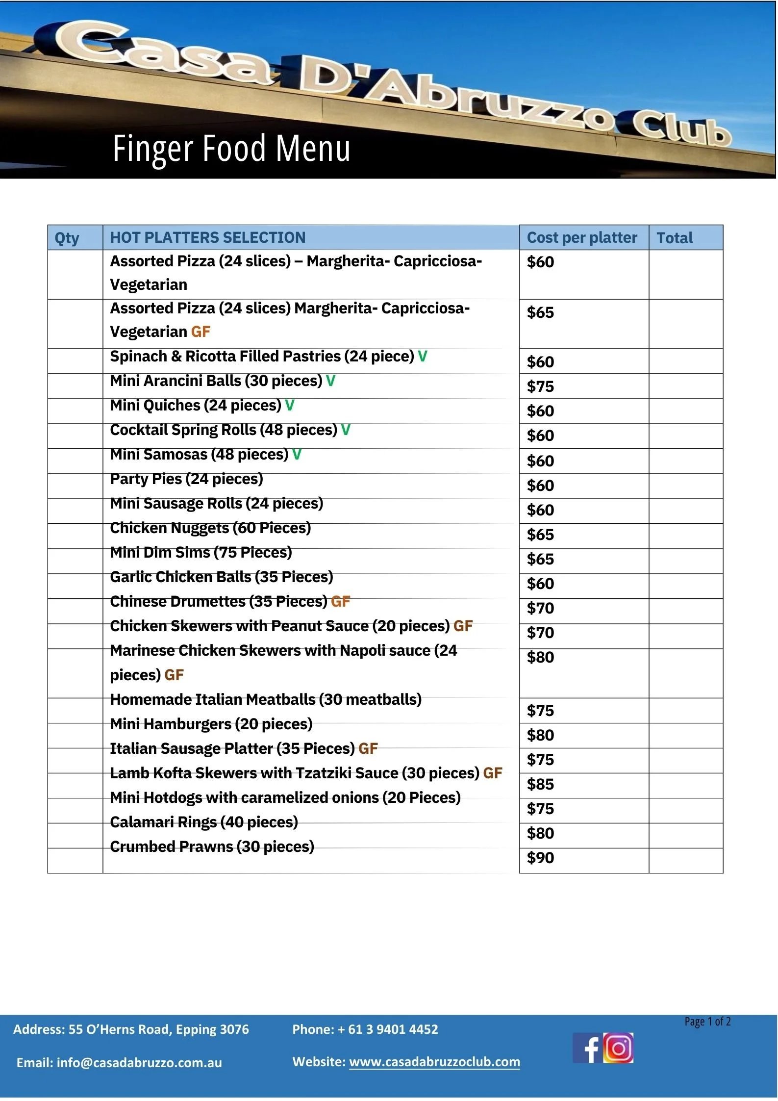 FUNCTION MENU — Casa D'Abruzzo Club