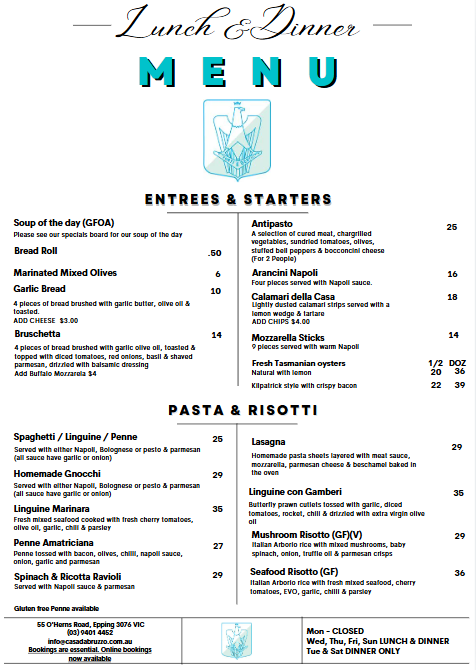 BISTRO MENU — Casa D'Abruzzo Club