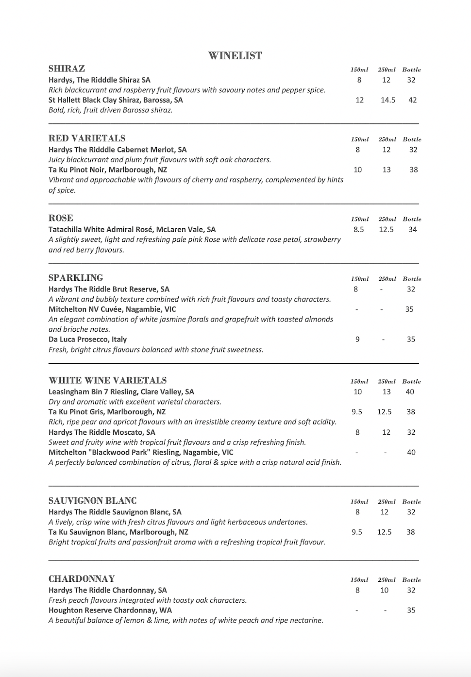 Wine List — Axedale Tavern