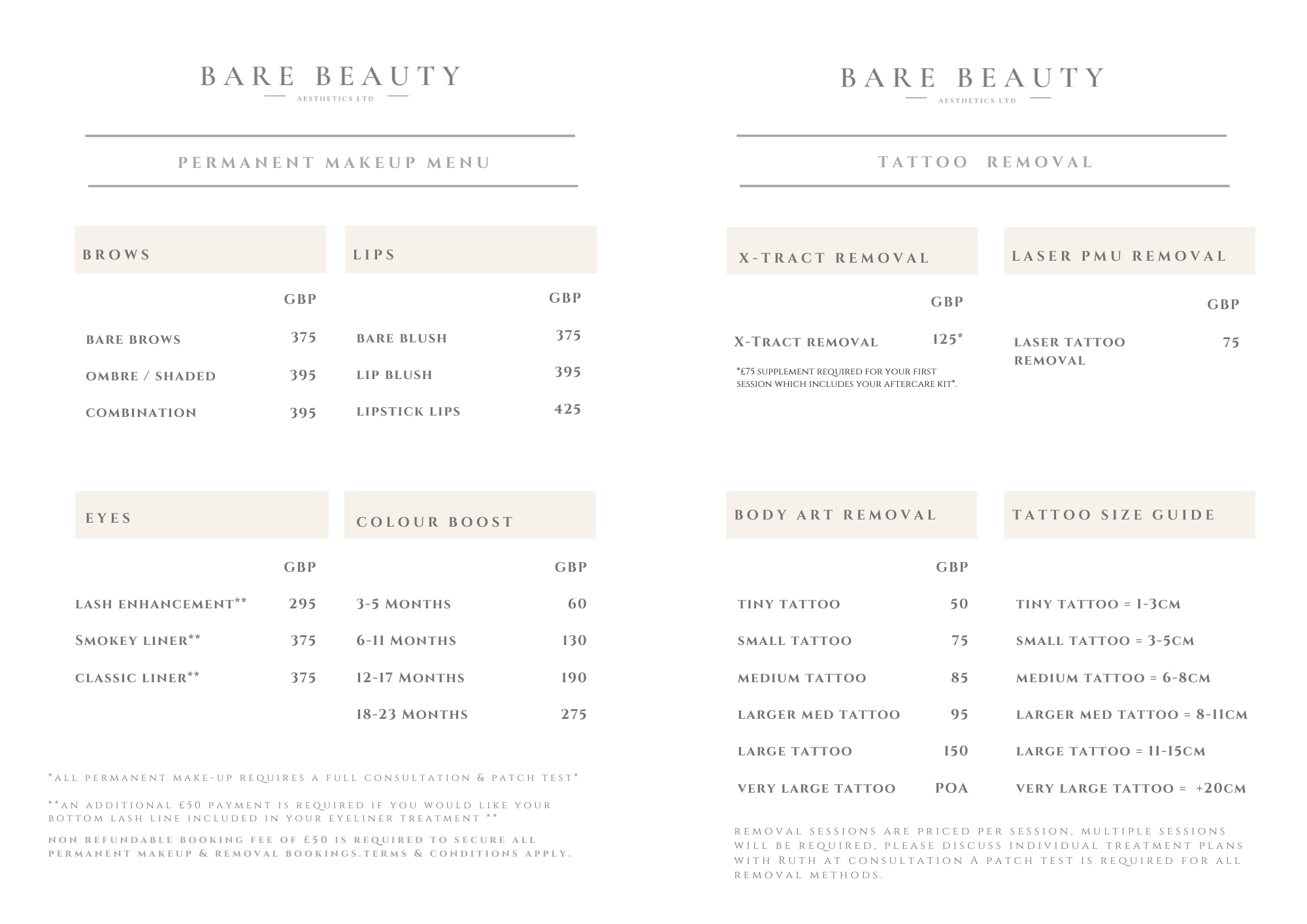 Prices — Bare Beauty Aesthetics LTD