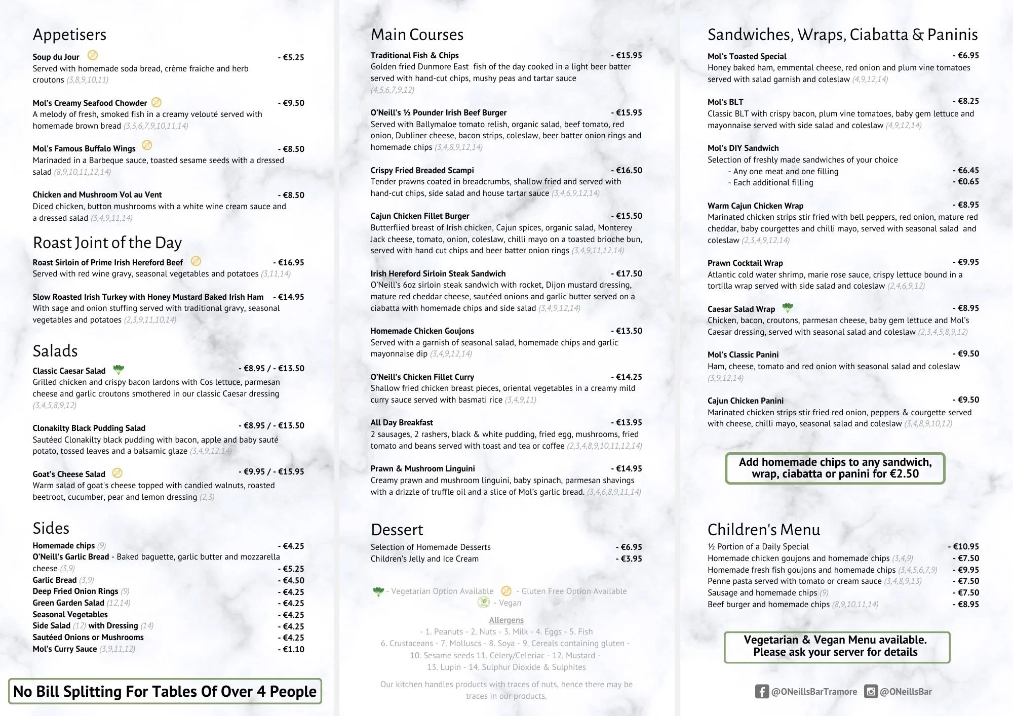 Mol's Restaurant Lunch Menu — O'Neill's Bar, Tramore.