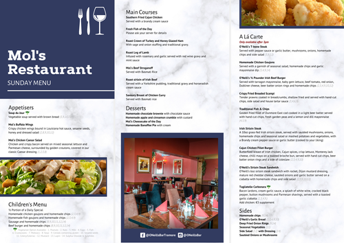 Mol's Restaurant Sunday Lunch Menu — O'Neill's Bar, Tramore.