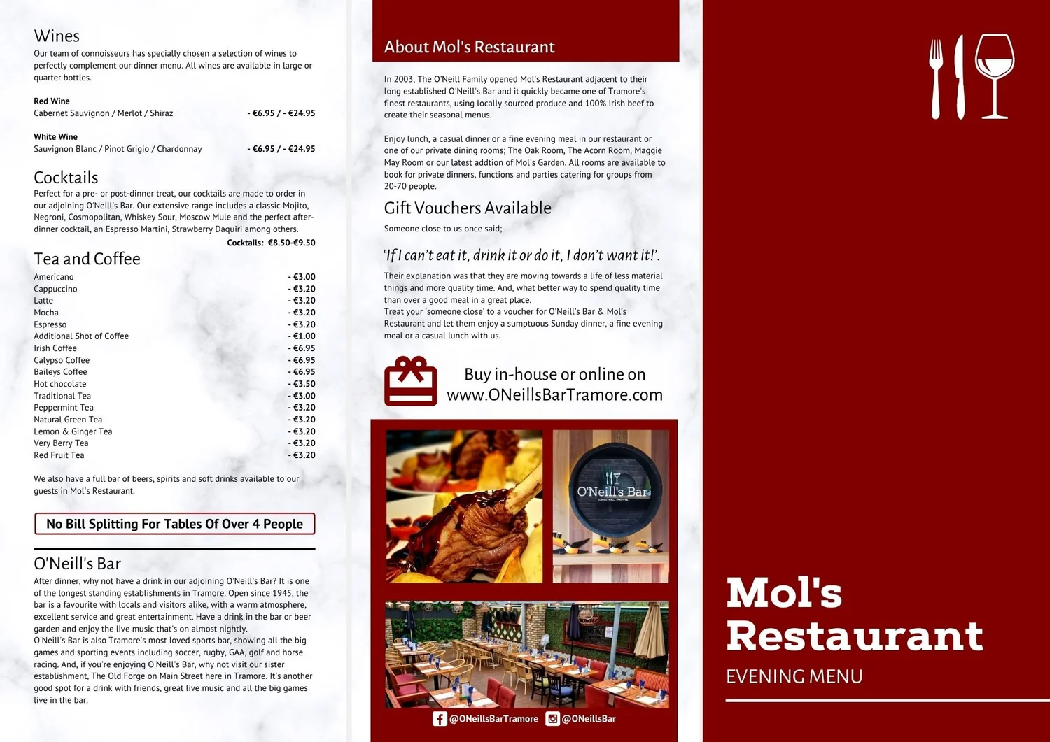Mol's Restaurant Evening Menu — O'Neill's Bar, Tramore.