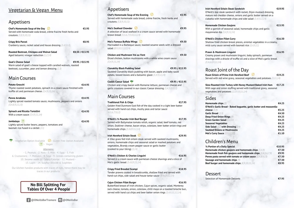 Mol's Restaurant Evening Menu — O'Neill's Bar, Tramore.