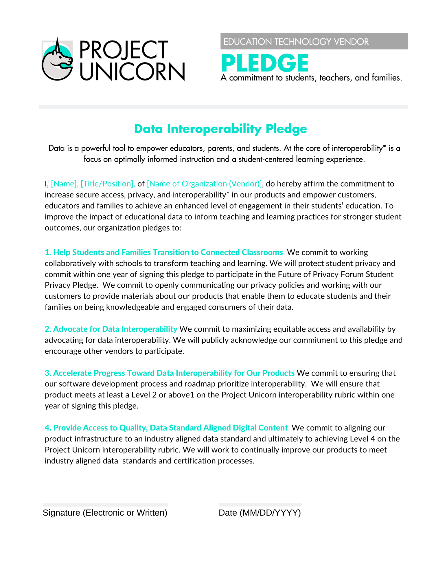 EdTech Vendor Pledge — Project Unicorn