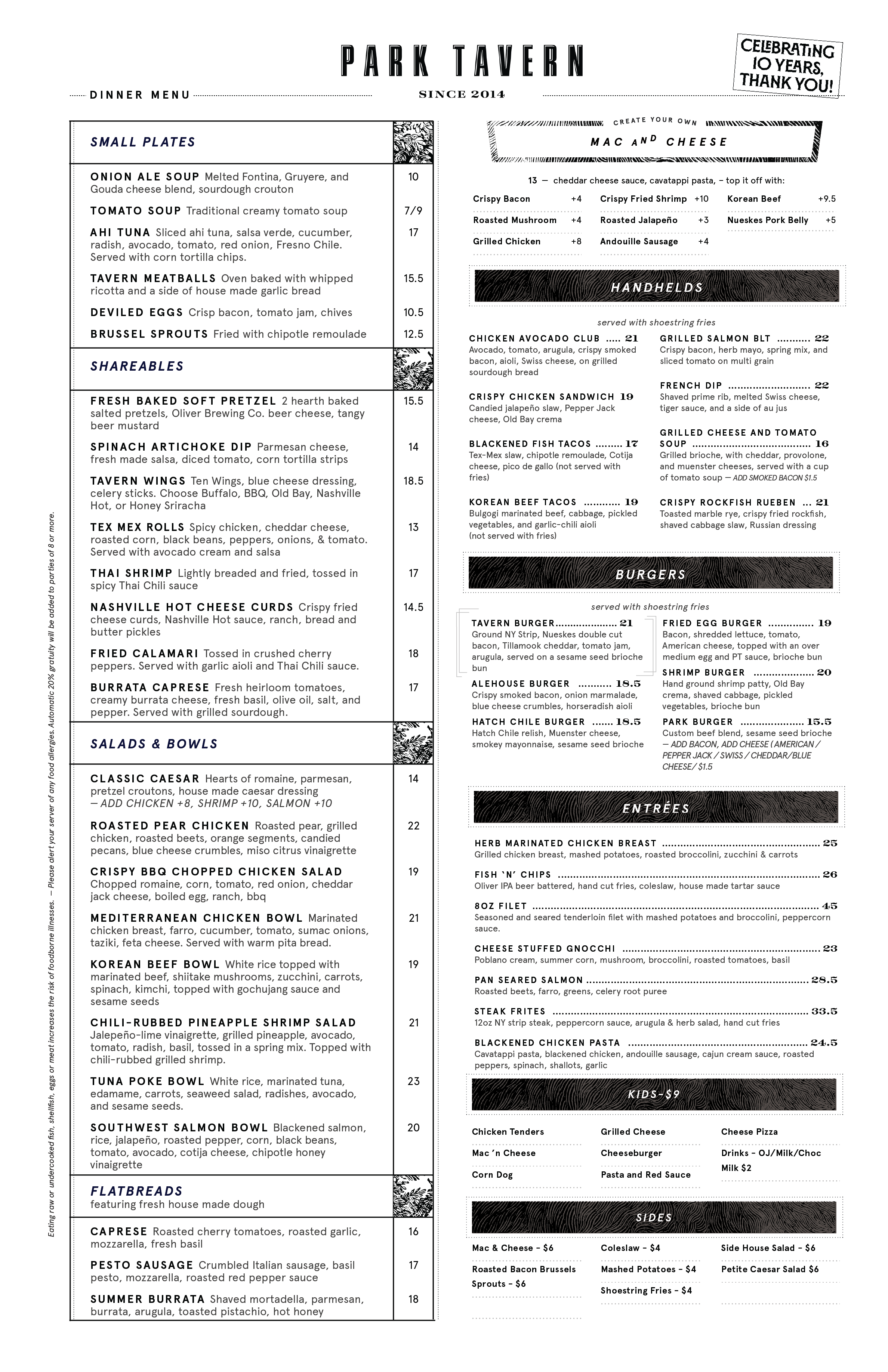 Food Menu — Park Tavern
