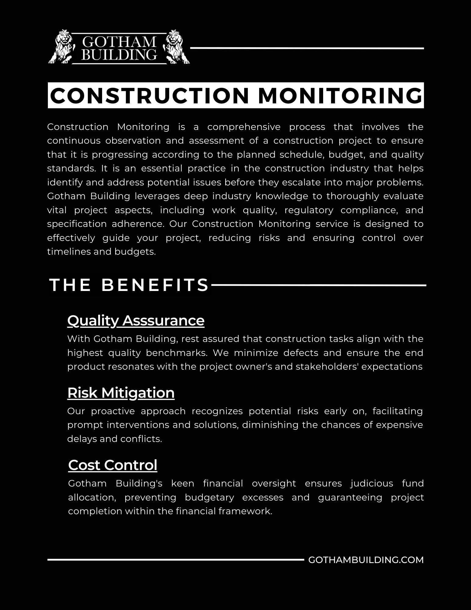 CONSTRUCTION MONITORING — GOTHAM BUILDING LLC