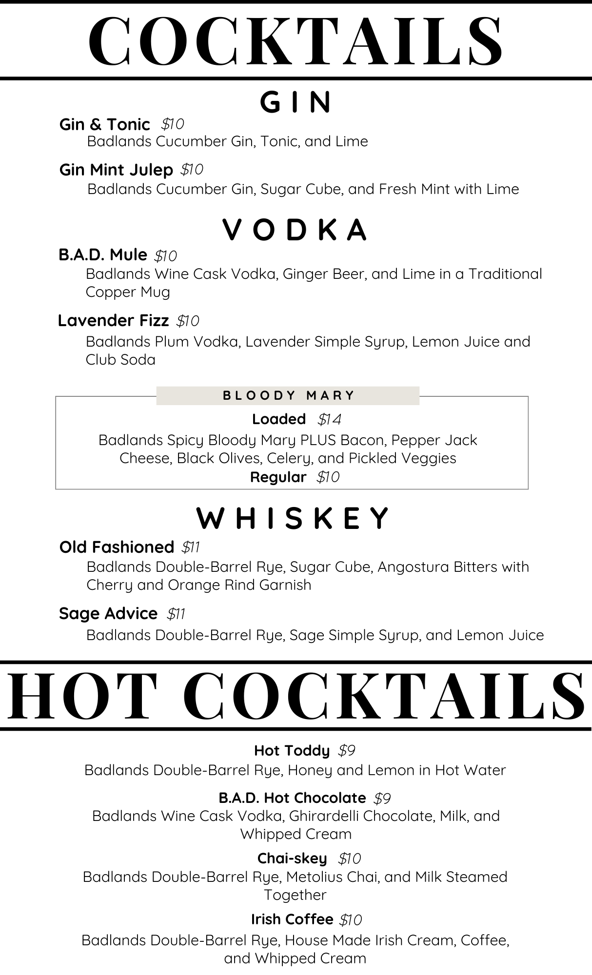 Bistro Breakfast and Lunch Menus — Badlands Artisan Distillery