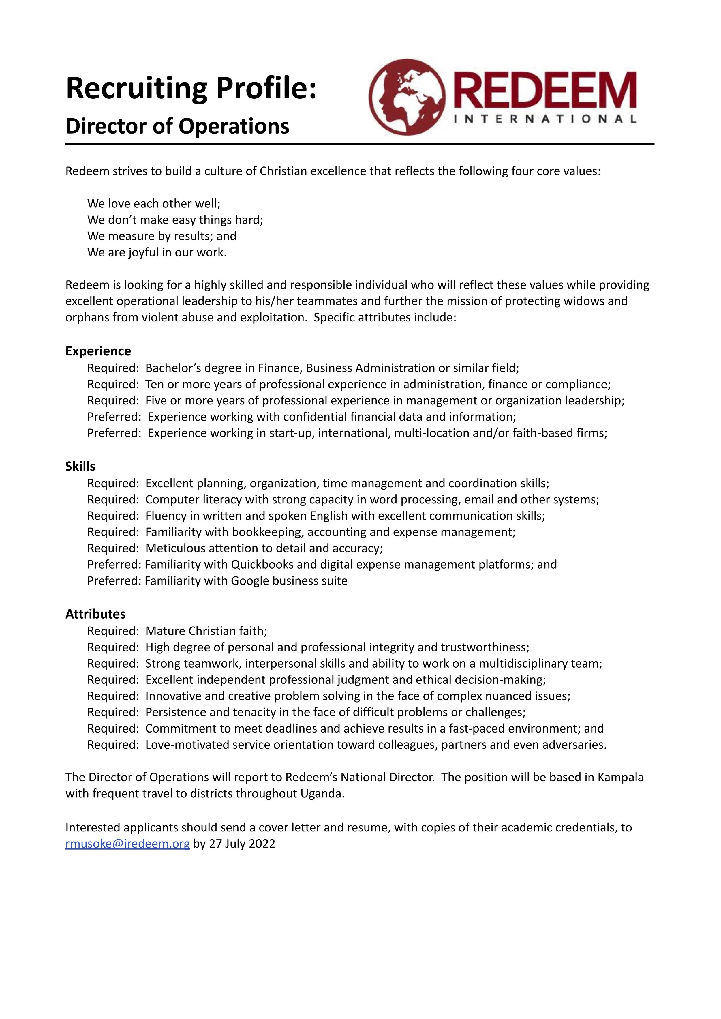 Kampala, Director of Operations — Redeem International