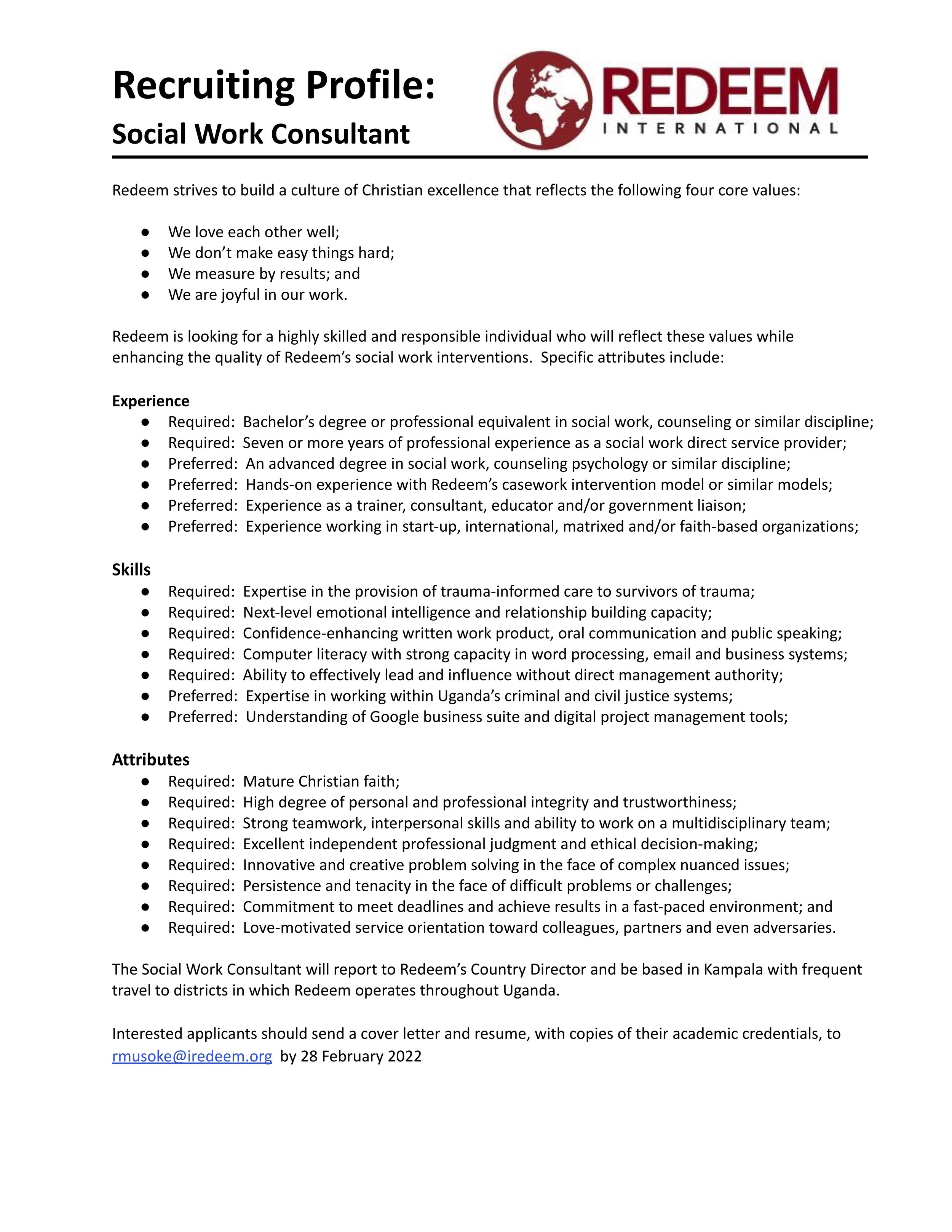 Kampala - Social Work Consultant — Redeem International