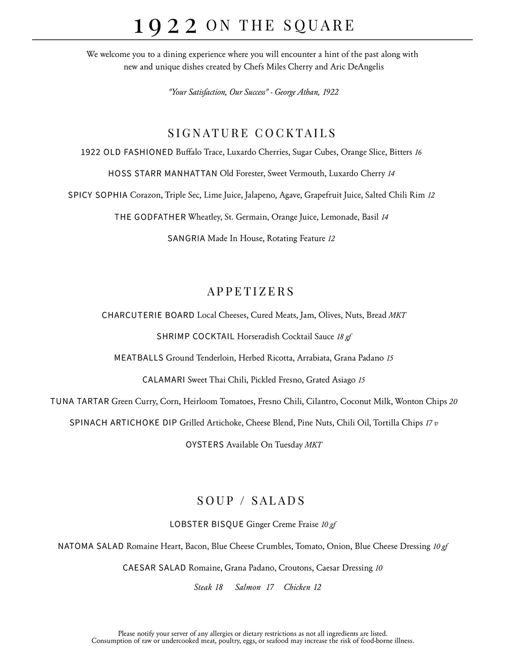 Signature Menu — 1922 On The Square