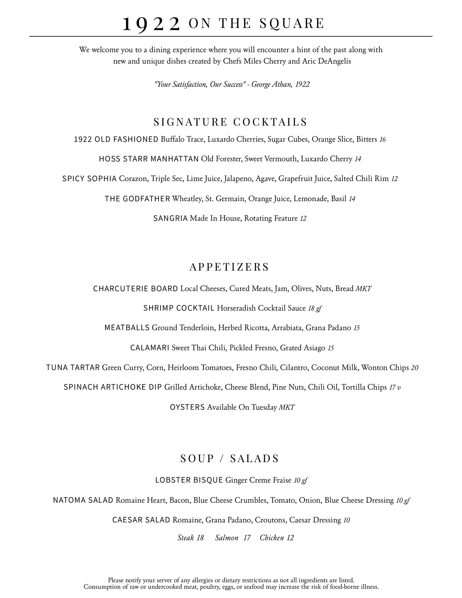 Signature Menu — 1922 On The Square