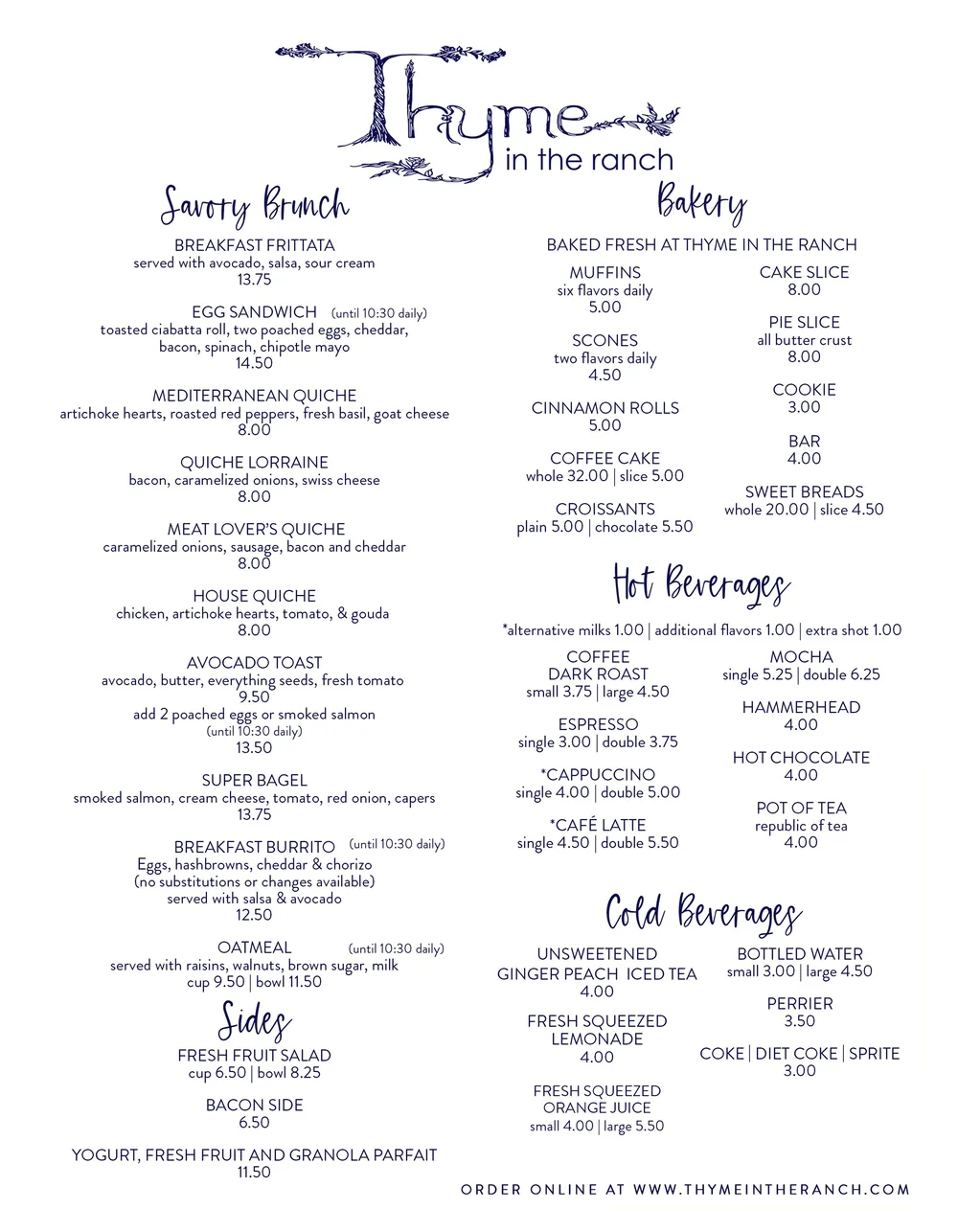 Thyme in the Ranch Breakfast & Bakery Menu — Thyme in the Ranch