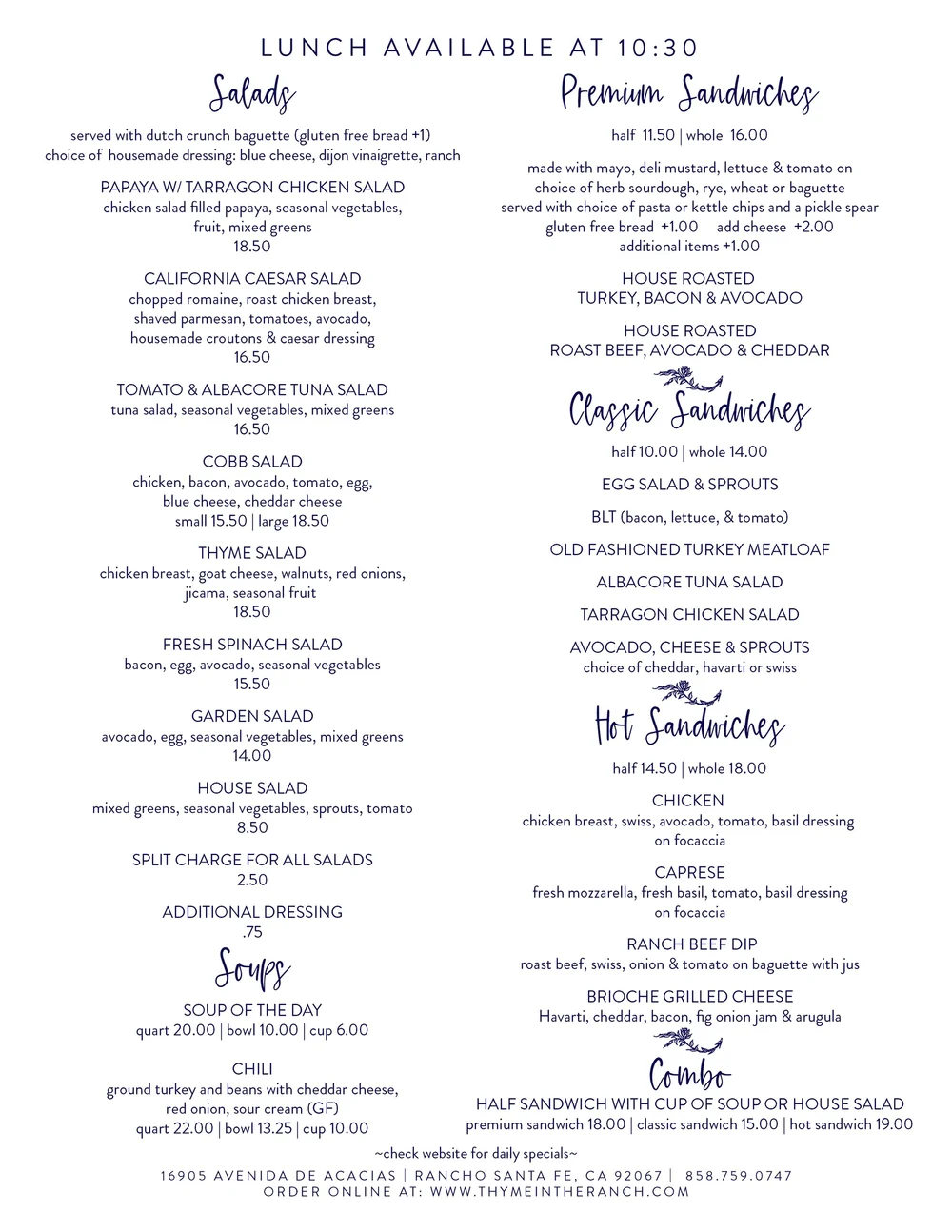 Lunch Menu — Thyme in the Ranch