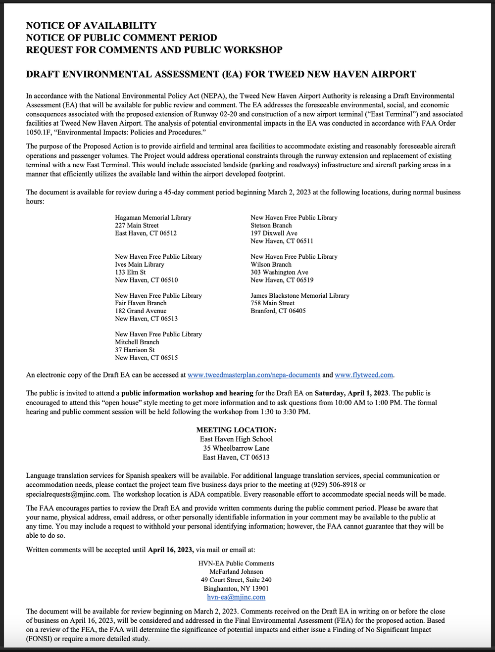 NEPA Documents — Tweed Master Plan Update