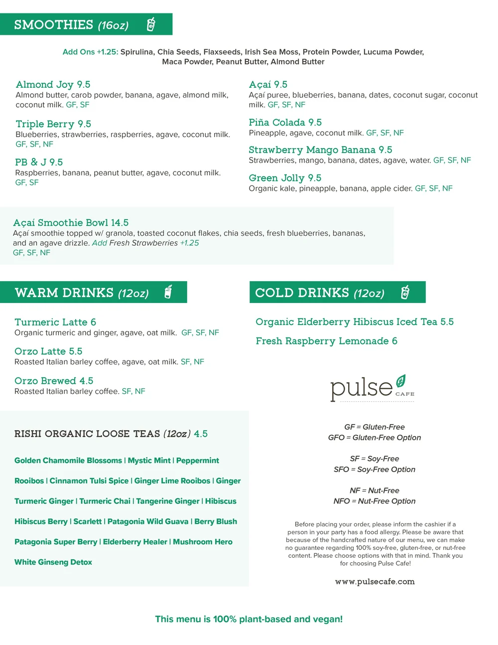 Weekday Menu — Pulse Cafe