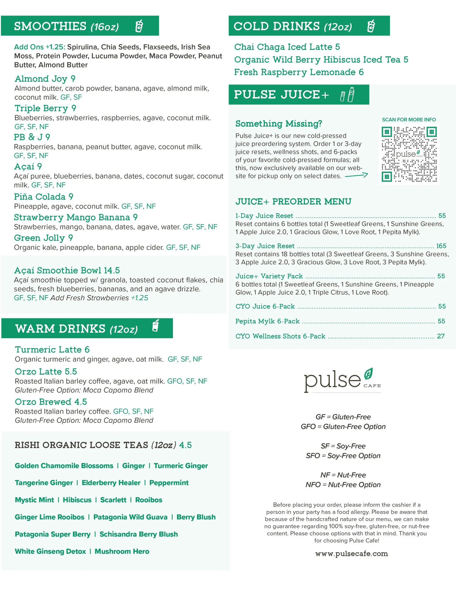 Weekday Menu — Pulse Cafe